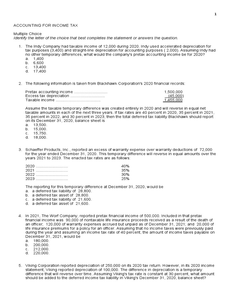 Accounting For Income Tax Quiz | PDF | Deferred Tax | Tax Expense