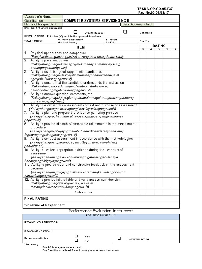 TESDA-OP-CO-05-F37 Rev - No.00-03/08/17 Computer Systems Servicing NC ...