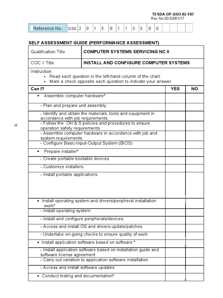 Self Assessment Guide (Performance Assessment) Computer Systems Servicing NC Ii Install and ...
