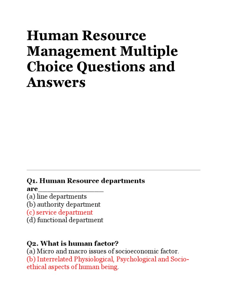 Human Resource Management Multiple Choice Questions and Answers | PDF ...