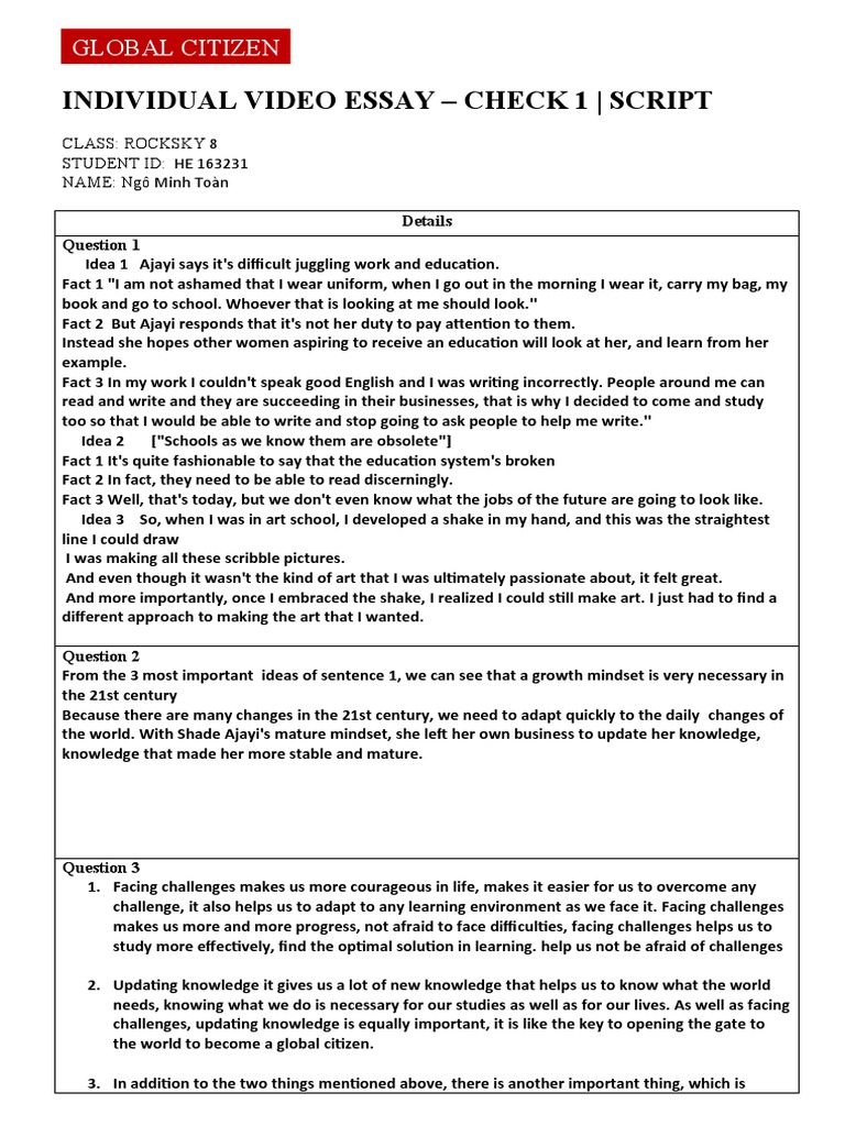 Individual Video Essay - Check 1 - Script: Global Citizen | Download ...