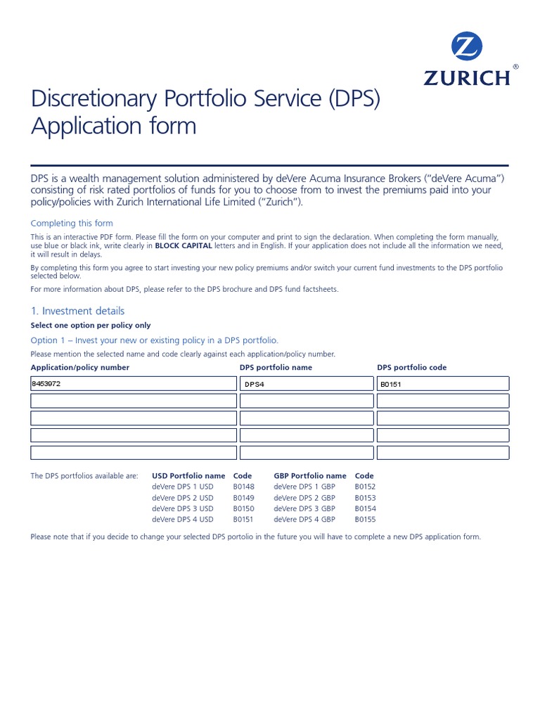 Discretionary Portfolio Service (DPS) Application Form: 1. Investment ...