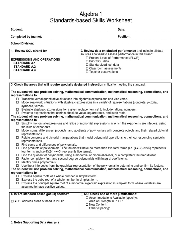 Algebra 1 Standards-Based Skills Worksheet | PDF | Equations | Line ...