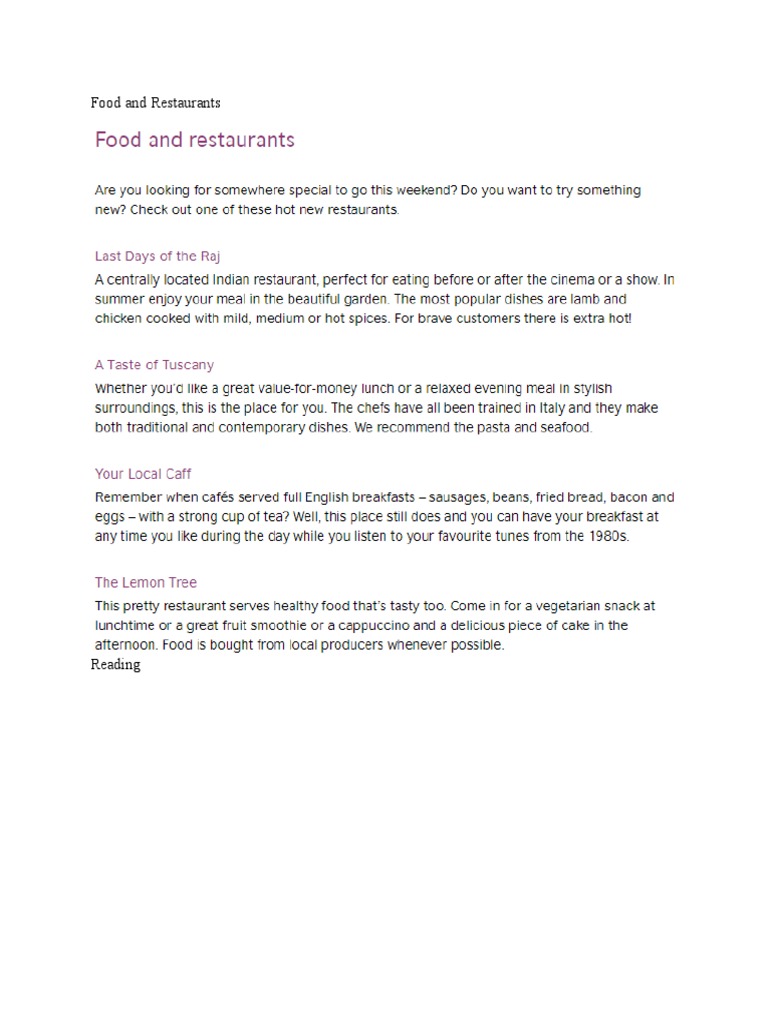 Food and Restaurants (Reading) | PDF