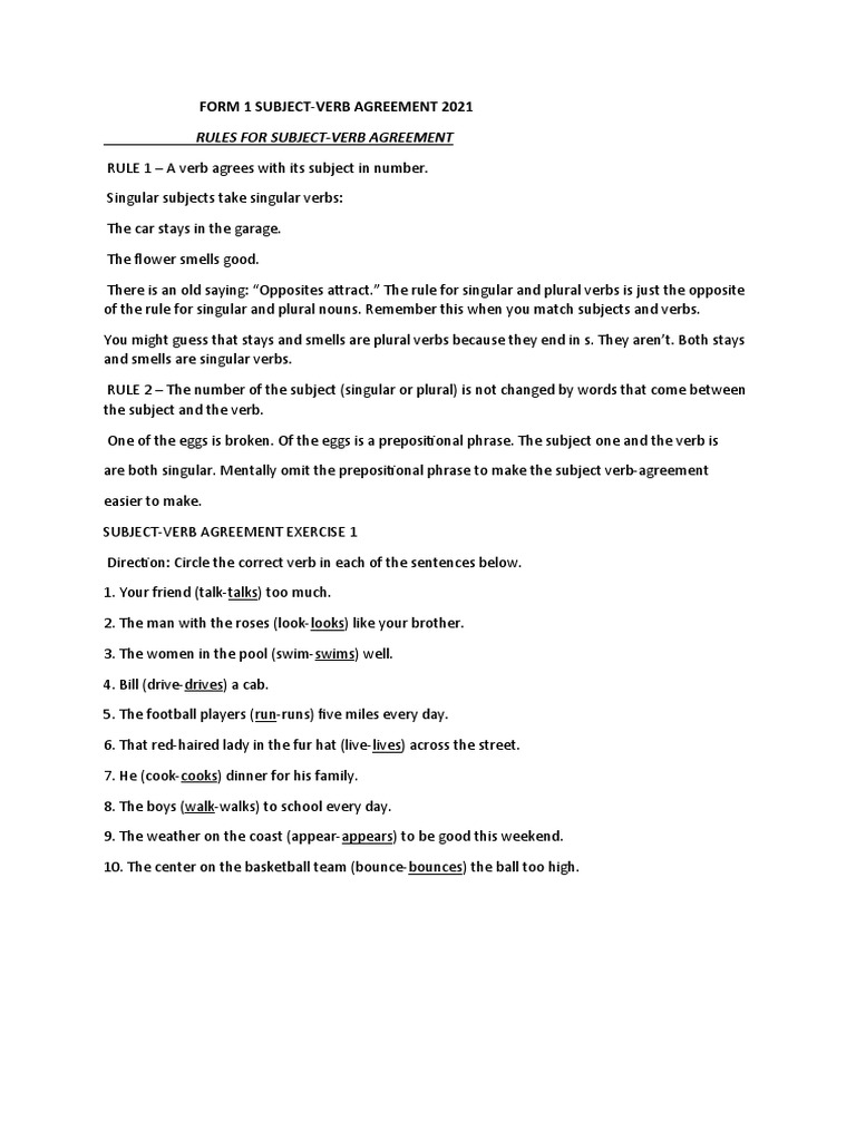 Form 1 Subject-Verb Agreement | PDF