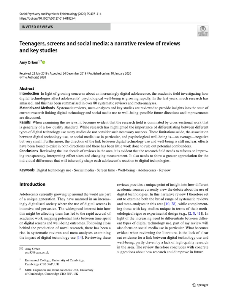 Teenagers, Screens and Social Media: A Narrative Review of Reviews and ...