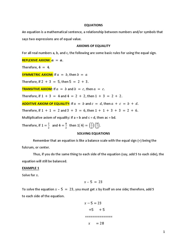 Axioms of Equality and Equations | PDF | Axiom | Equations