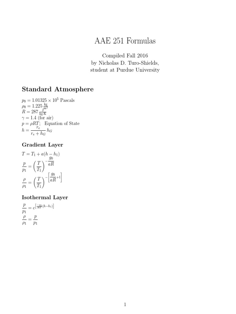 AAE 251 Formulas: Standard Atmosphere | PDF | Orbit | Rocket