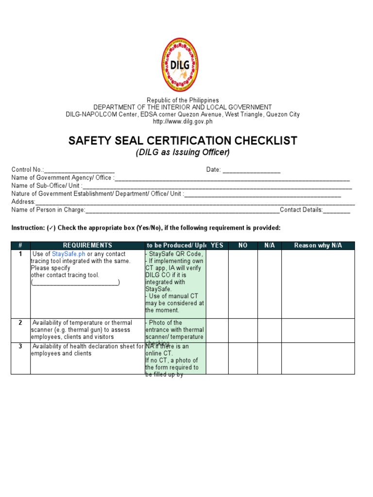 Safety Seal Certification Checklist: (DILG As Issuing Officer) | PDF ...