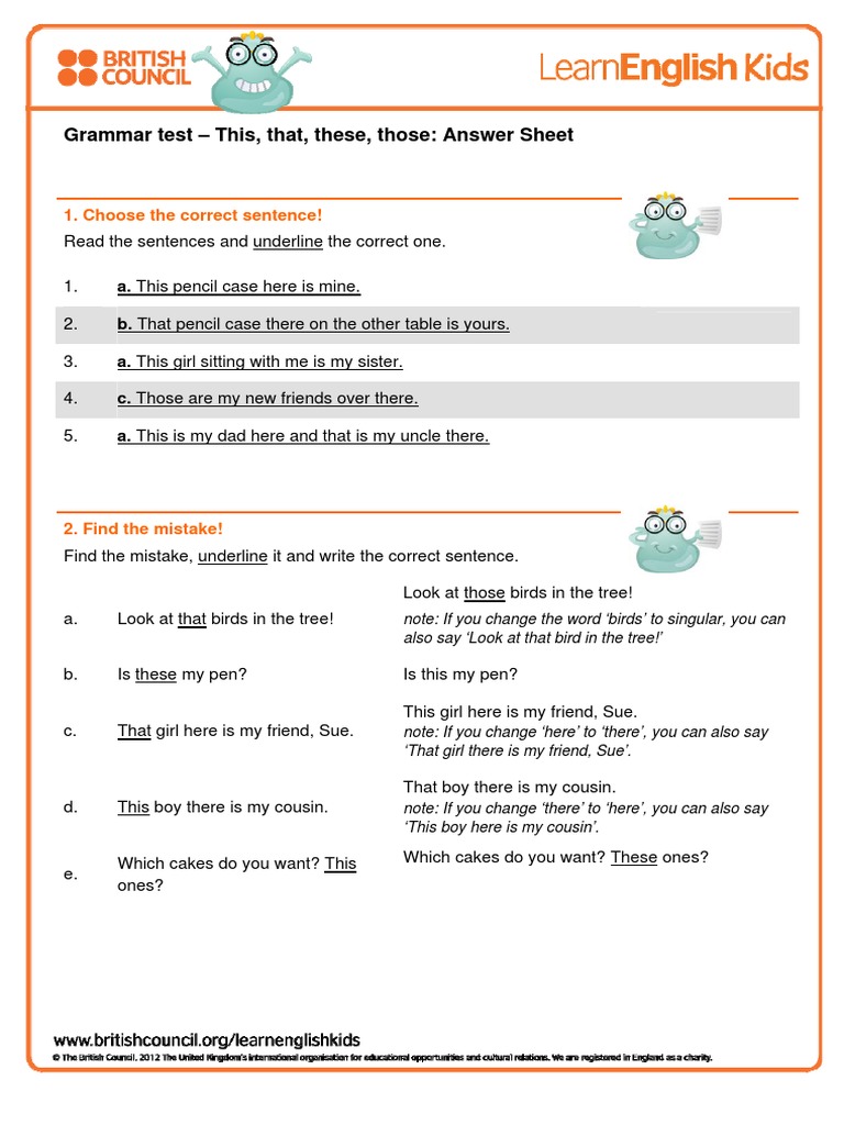 Grammar Test - This, That, These, Those: Answer Sheet: 1. Choose The ...