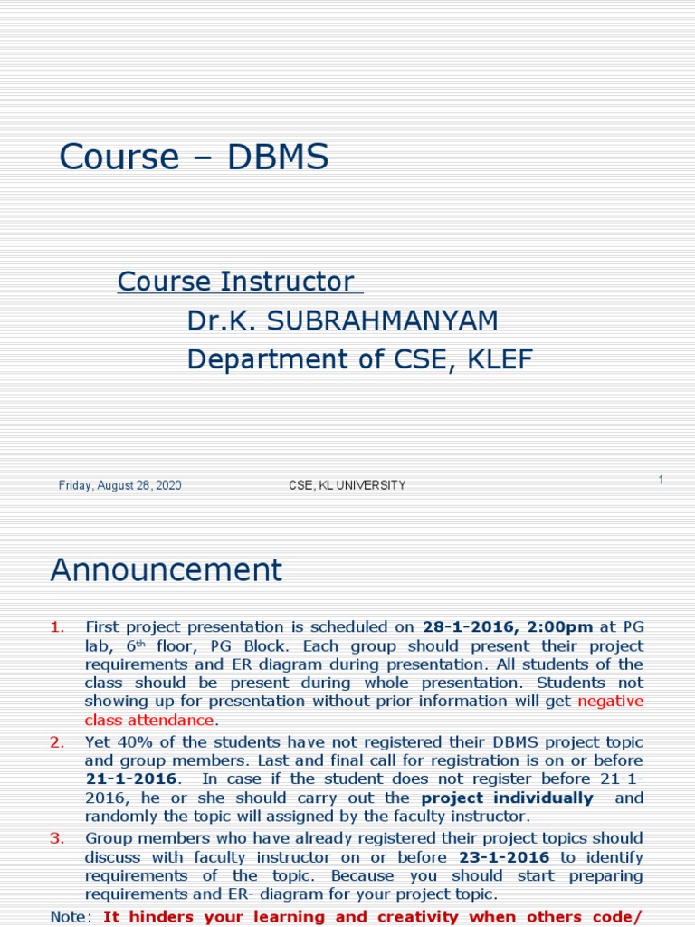 Course - DBMS: Course Instructor Dr.K. Subrahmanyam Department of CSE, KLEF | PDF | Database ...