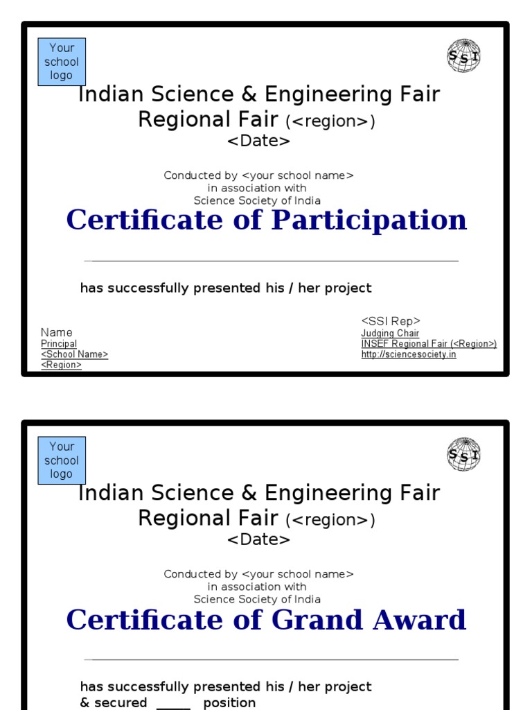 Indian Science & Engineering Fair Regional Fair: Certificate of ...