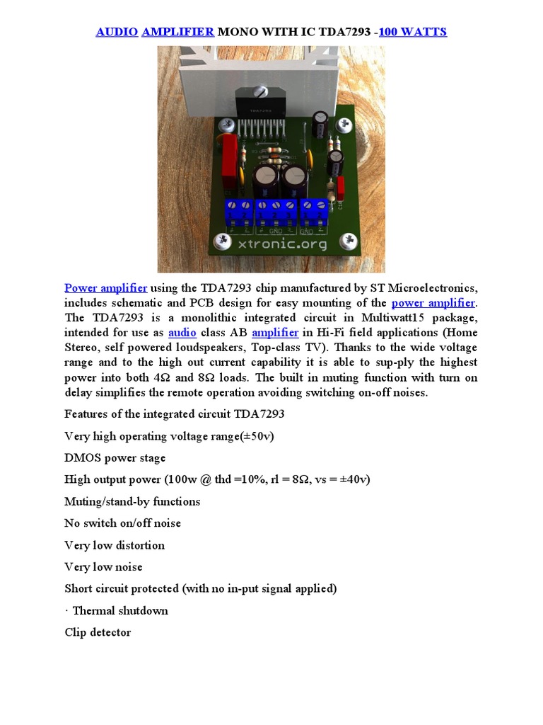 100 Watt Mono Audio Amplifier Using TDA7293 Integrated Circuit ...