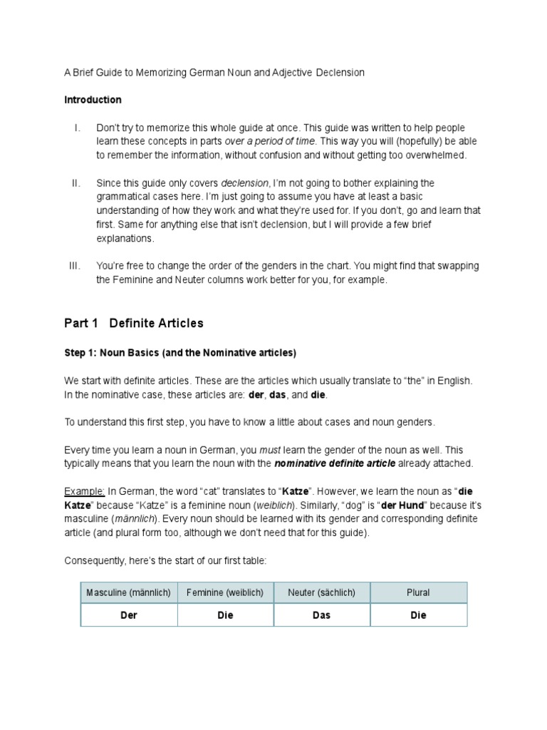 German Noun and Adjective Declension Guide | PDF | Grammatical Gender ...