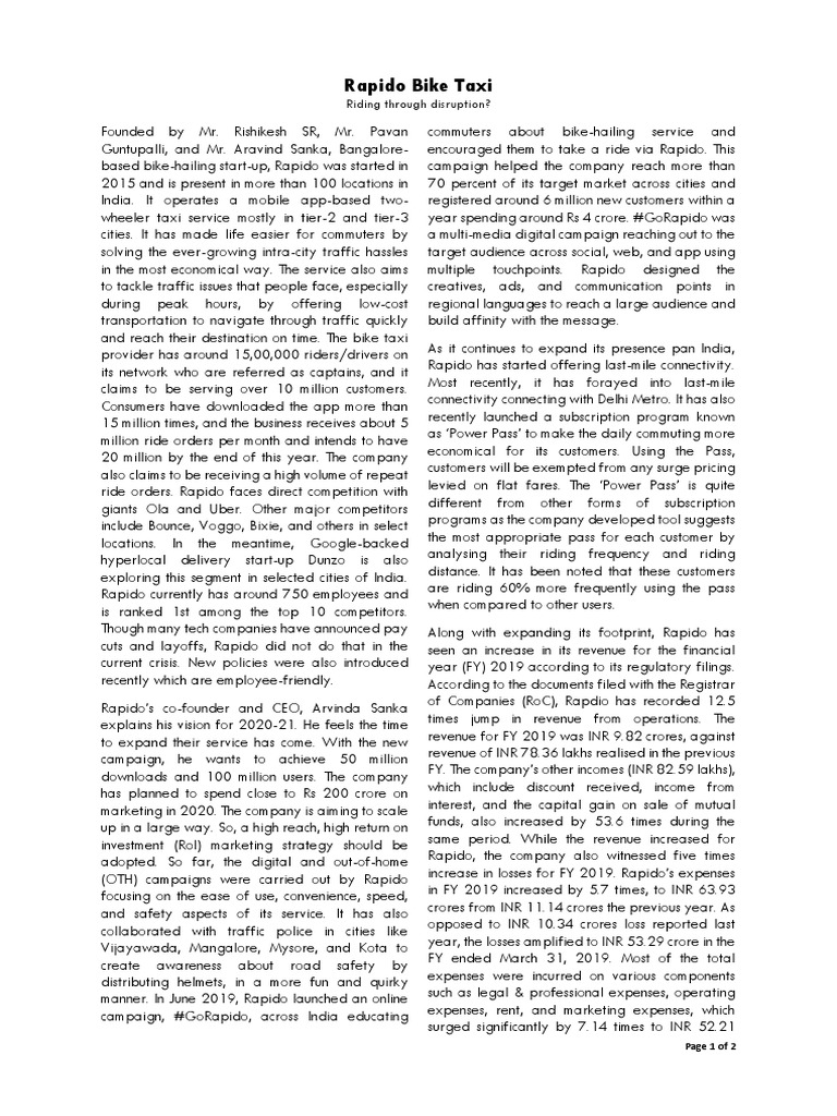 Rapido Bike Taxi: Growth and Strategy | PDF | Economies | Business