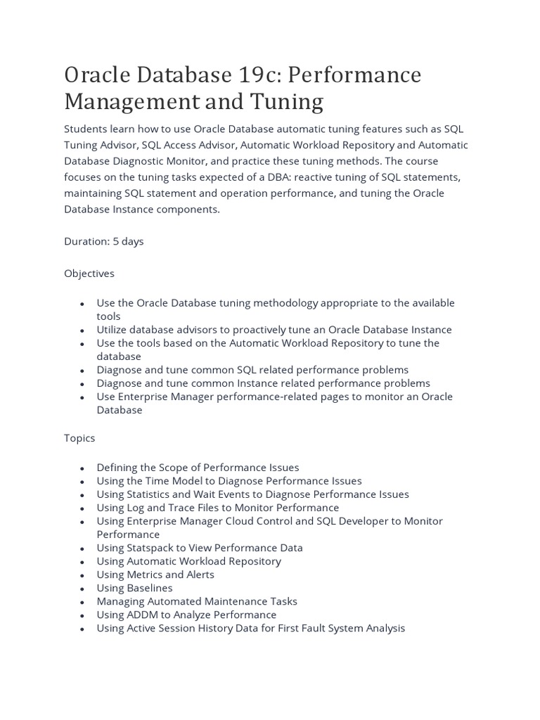 08 - Oracle Database 19c Performance Management and Tuning | PDF | Sql | Databases