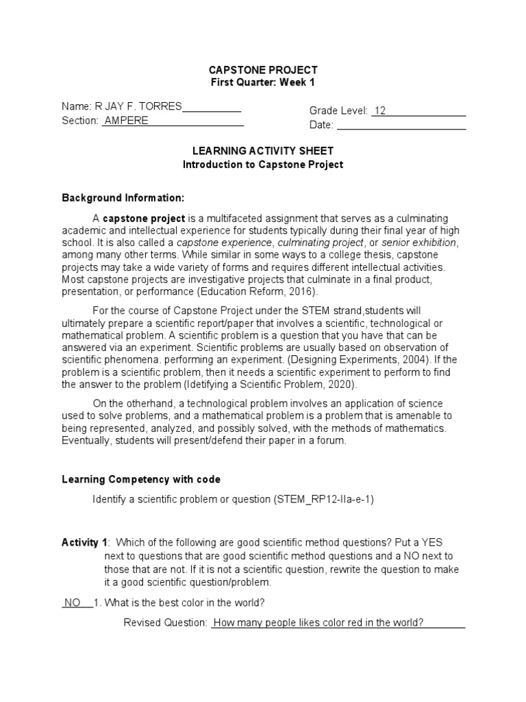 Capstone Project First Quarter: Week 1 | PDF | Experiment | Science ...
