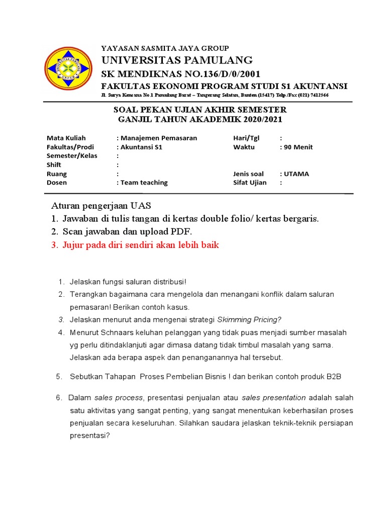 Soal UAS Manajemen Pemasaran | PDF