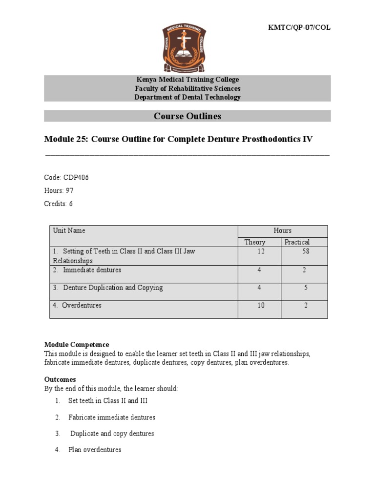 Course Outline For Complete Denture Prosthodontics IV | PDF ...