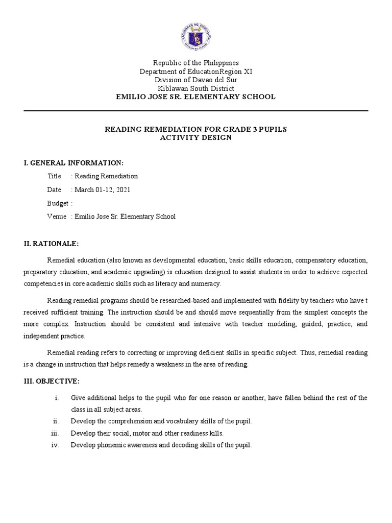 Activity Design in Remedial Program | PDF | Educational Psychology ...
