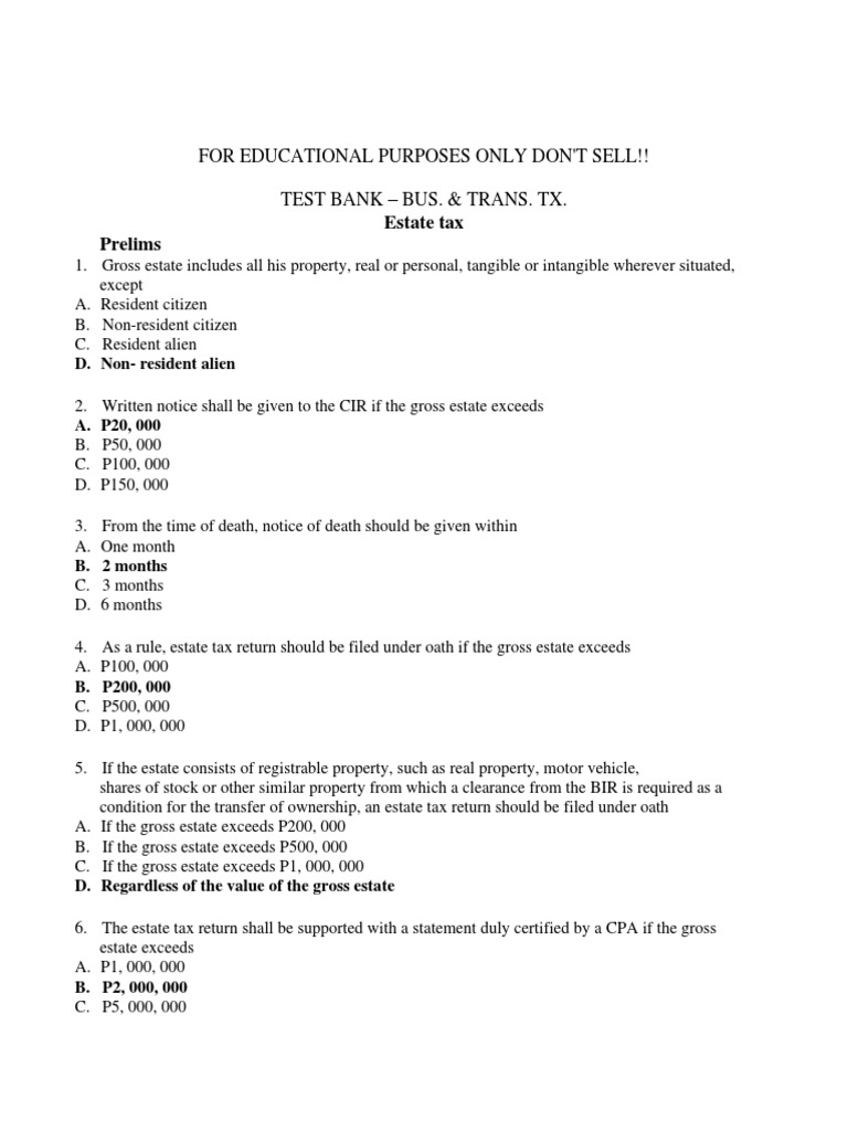 Estate Tax Test Bank Questions | PDF | Estate Tax In The United States ...
