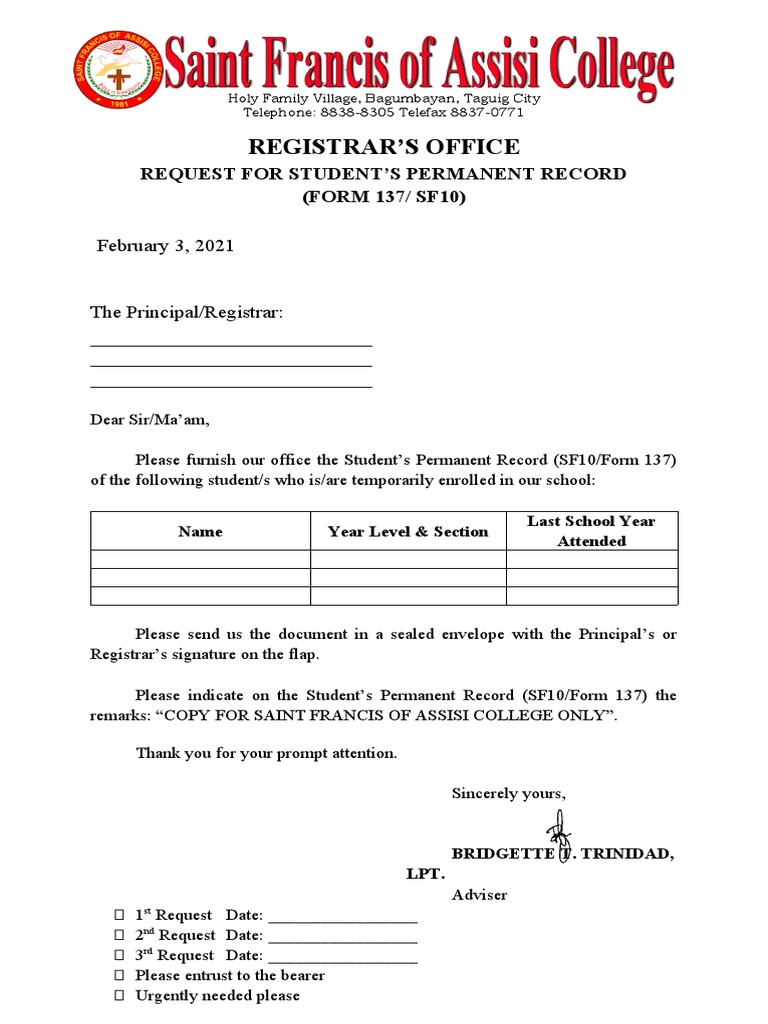 Registrar'S Office: Request For Student'S Permanent Record (FORM 137 ...