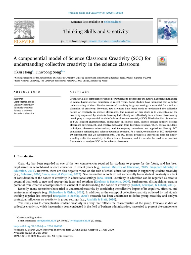 A Componential Model of Science Classroom Creativity (SCC) For | PDF ...