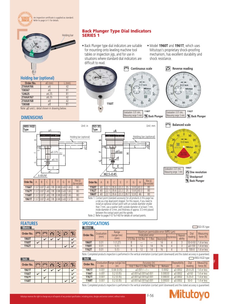 Holding Bar (Optional) : Back Plunger Type Dial Indicators Series 1 ...