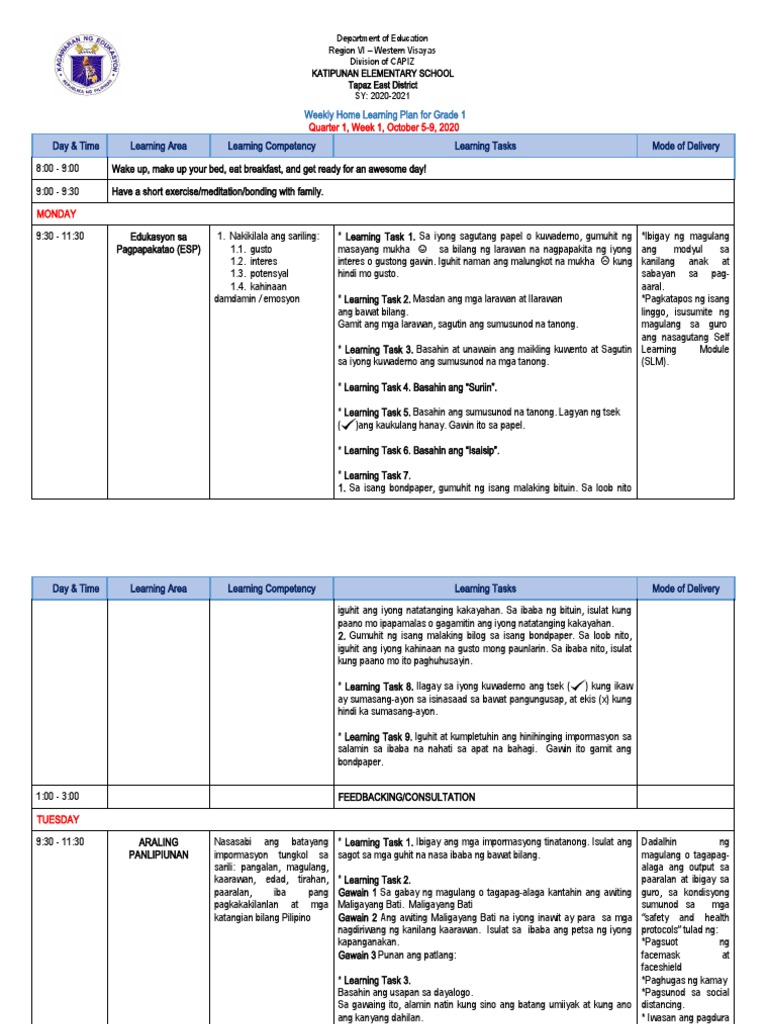 Grade 1 Weekly Home Learning Plan | PDF