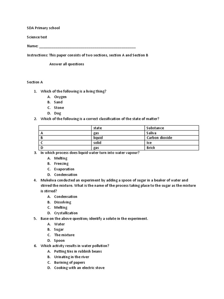 Grade 5 Science Test Questions & Answers | PDF | Solution | Mixture