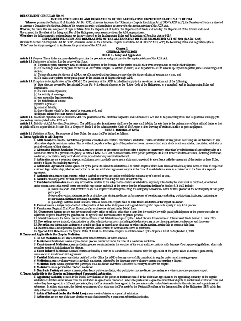 DOJ Dept. Circular 98 | PDF | Mediation | Alternative Dispute Resolution