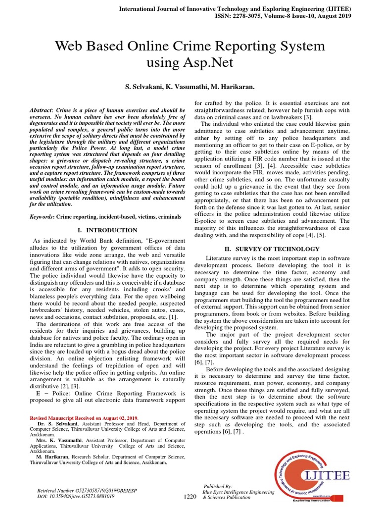 Web Based Online Crime Reporting System: S. Selvakani, K. Vasumathi, M ...