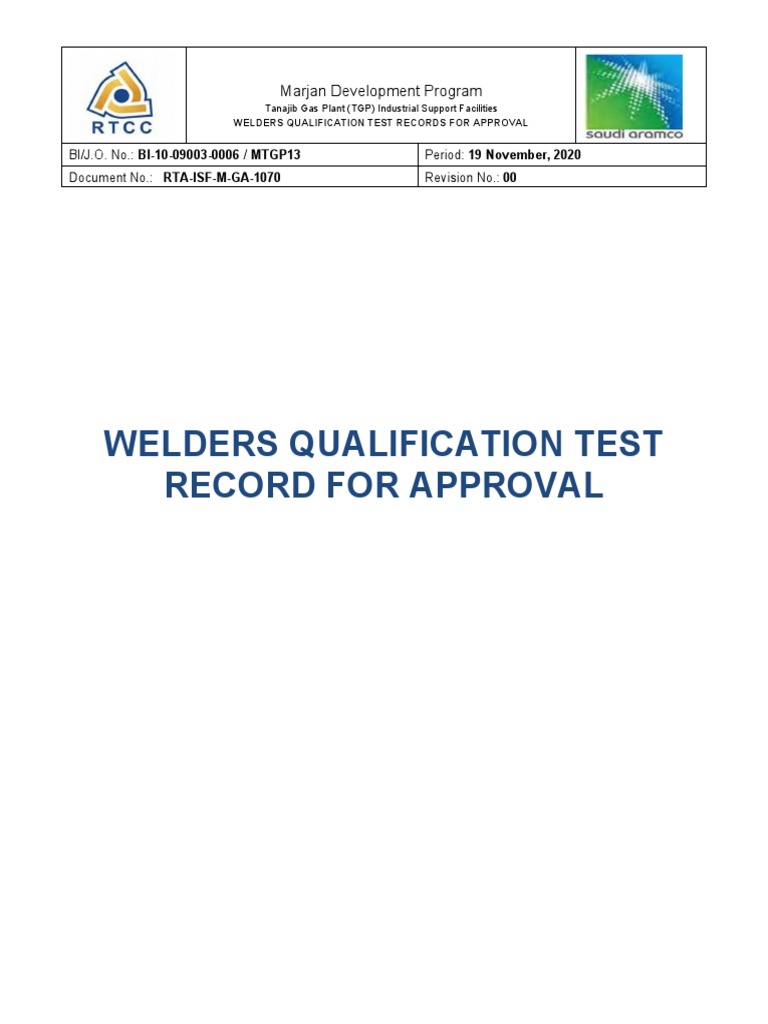 Welders Qualification Test Record For Approval: Marjan Development ...