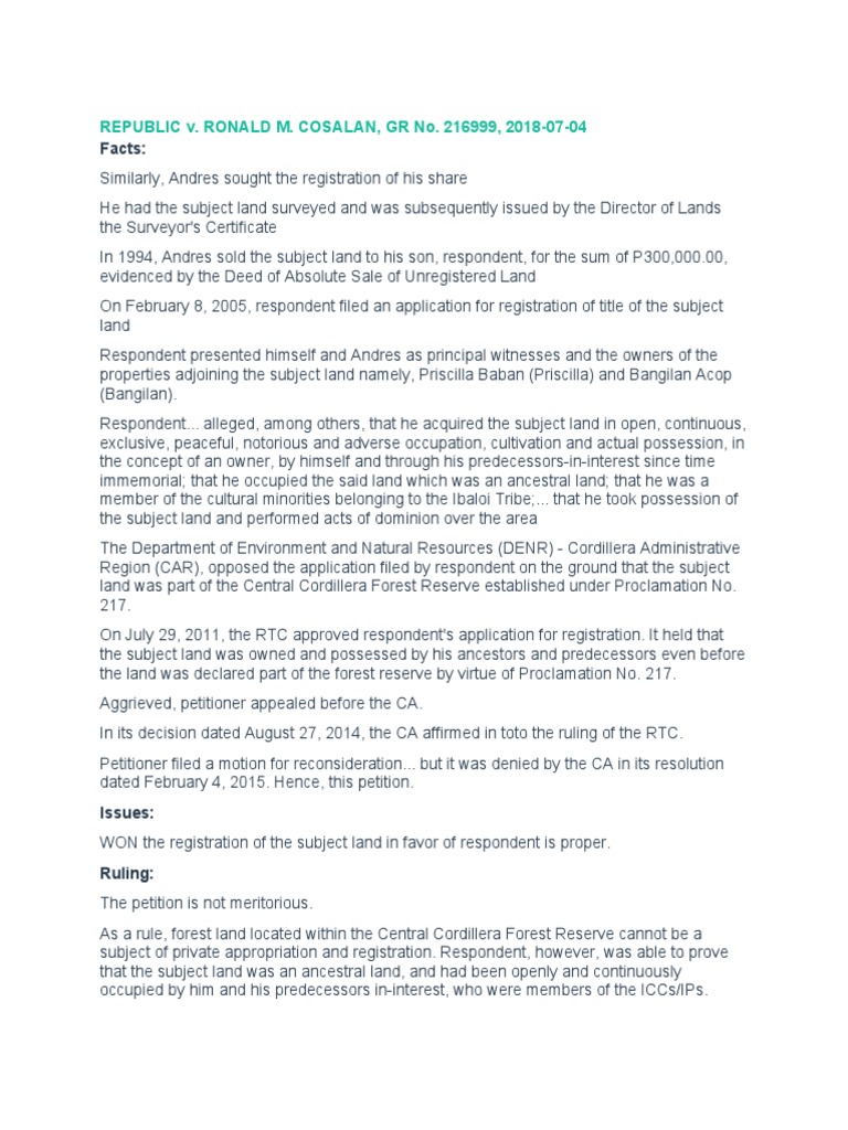 Facts:: REPUBLIC v. RONALD M. COSALAN, GR No. 216999, 2018-07-04 | PDF ...