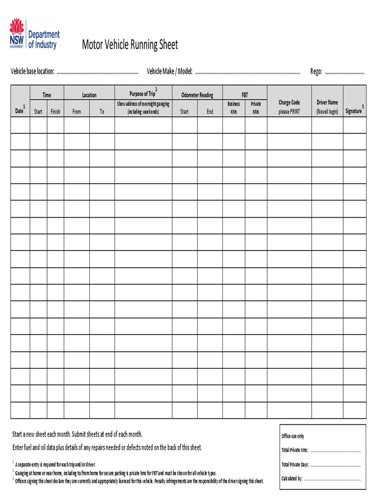 Motor Vehicle Running Sheet: Please PRINT (Novell Login) Start Finish ...