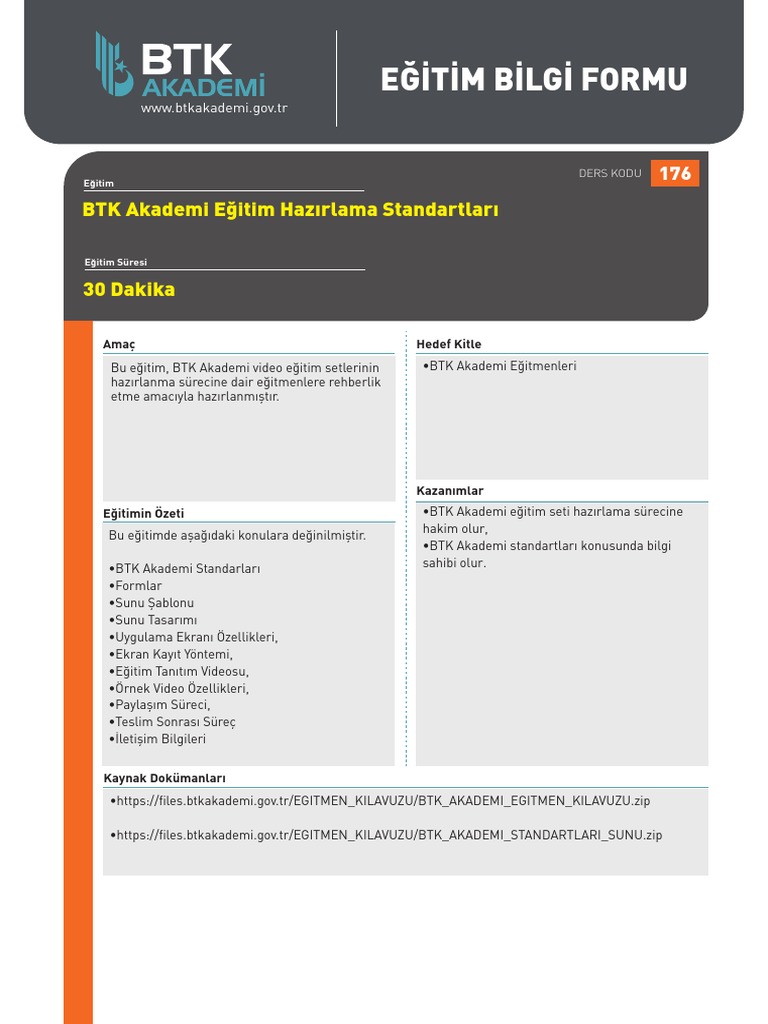 BTK Akademi Egitim Hazırlama Standartları - Egitim Bilgi Formu | PDF