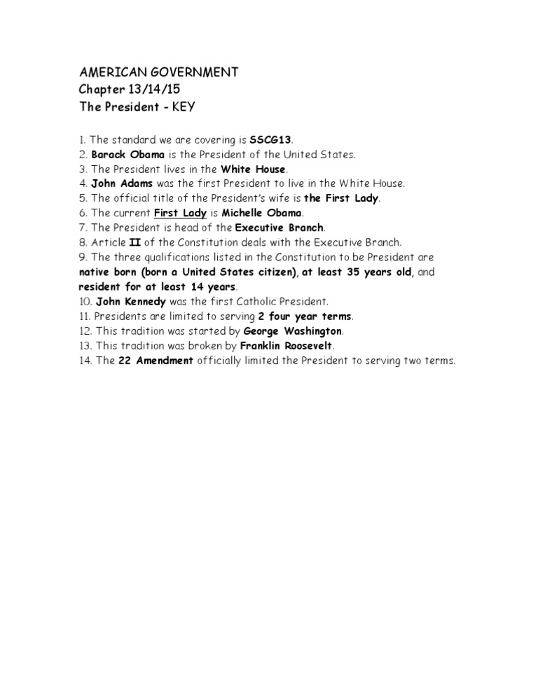 Civics - C131415 - The President - WS - Key | PDF | Politics | History