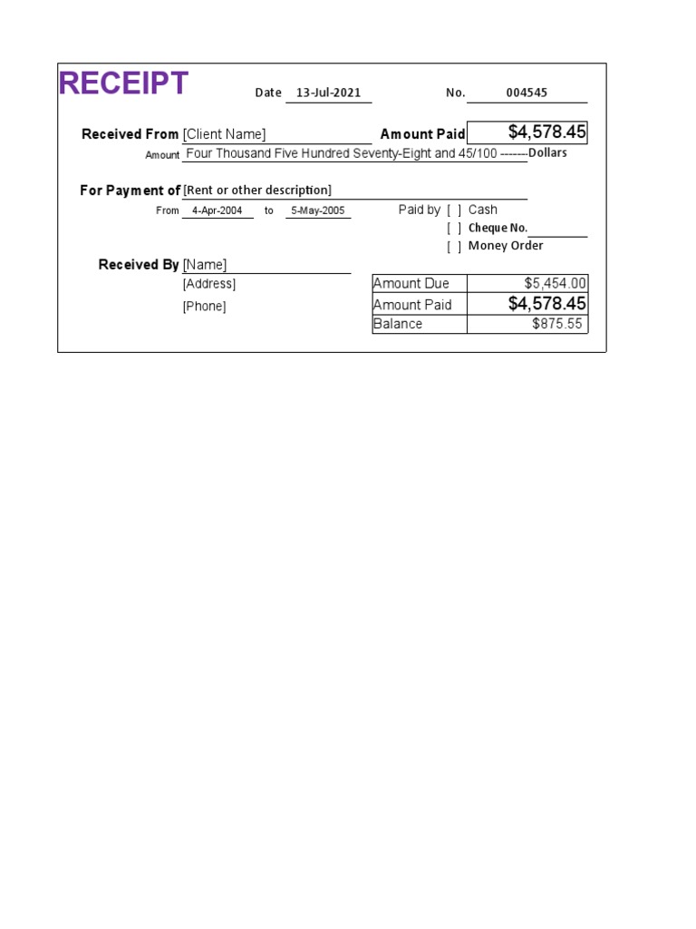 Receipt: Received From (Client Name) Amount Paid | PDF | Money Order ...
