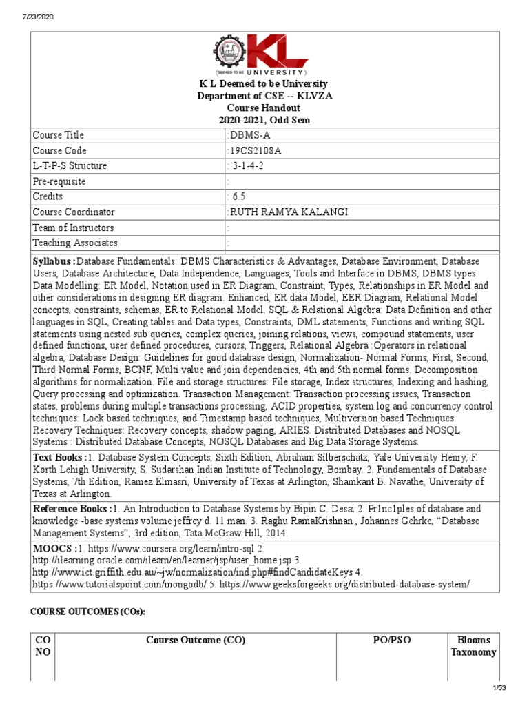 DBMS-A Course Handout 2020-2021 | PDF | Relational Database | Databases