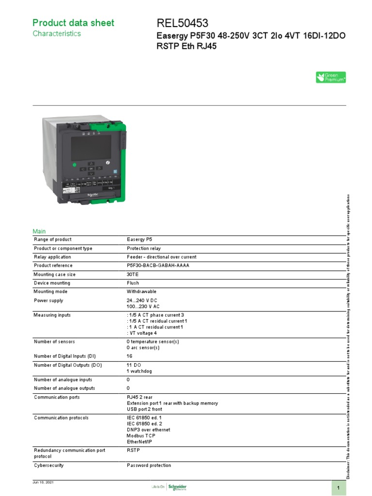 Easergy P5F30 Relay Data Sheet | PDF | Relay | Power Supply