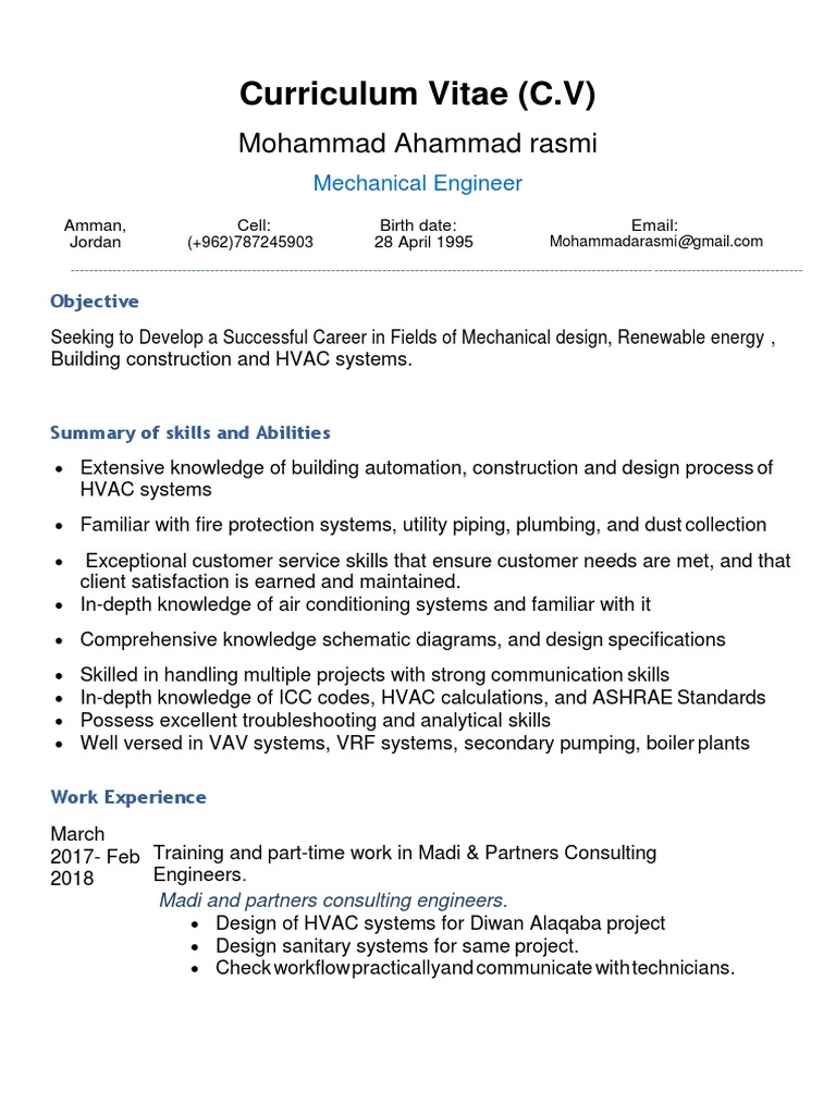 Curriculum Vitae (C.V) : Mohammad Ahammad Rasmi | PDF | Mechanical Engineering | Engineering