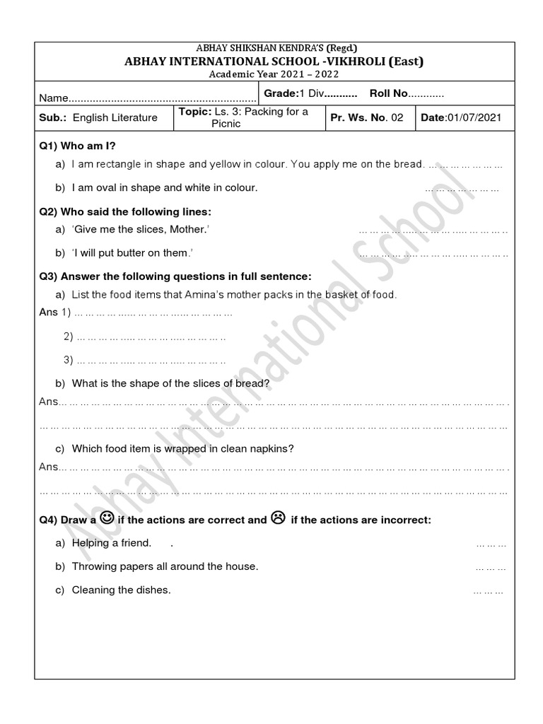 Grade 1 Ls. 3 Packing For A Picnic (W) | PDF