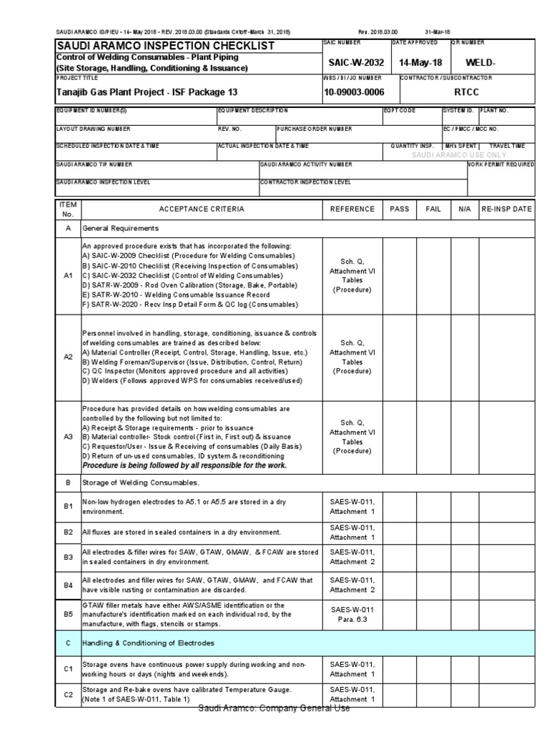 Saudi Aramco Inspection Checklist | PDF | Welding | Construction