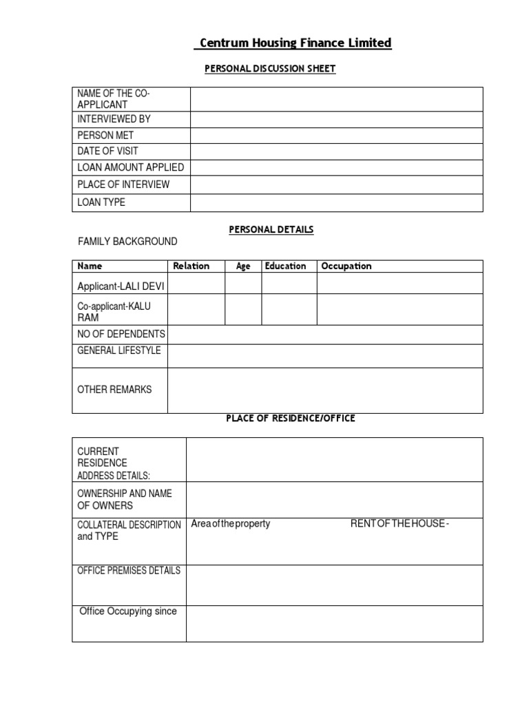 Centrum Housing Finance Limited: Personal Discussion Sheet | PDF