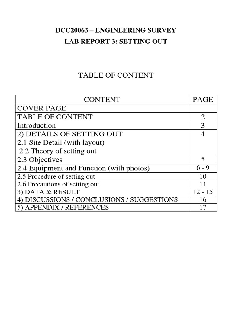 Table of Content: Dcc20063 - Engineering Survey Lab Report 3: Setting ...