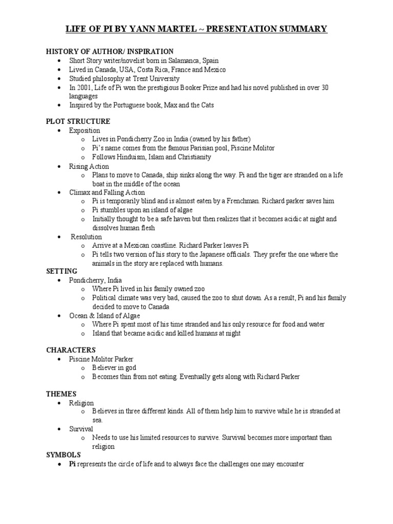 Life of Pi by Yann Martel Presentation Summary: History of Author ...