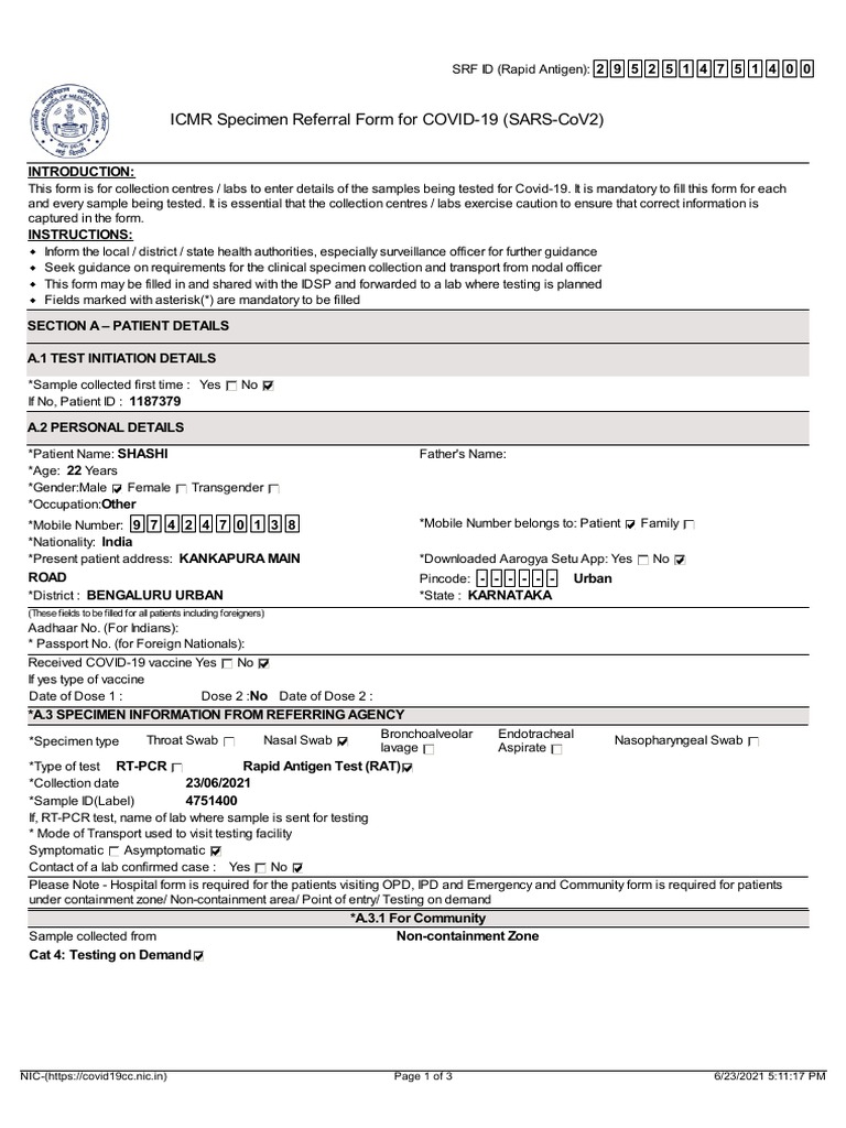 Icmr Specimen Referral Form For Covid-19 (Sars-Cov2) : (These Fields To ...