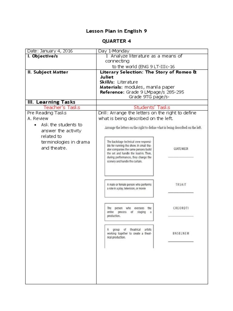 Lesson Plan in English 9 Quarter 4: Teacher's Tasks Students' Tasks ...