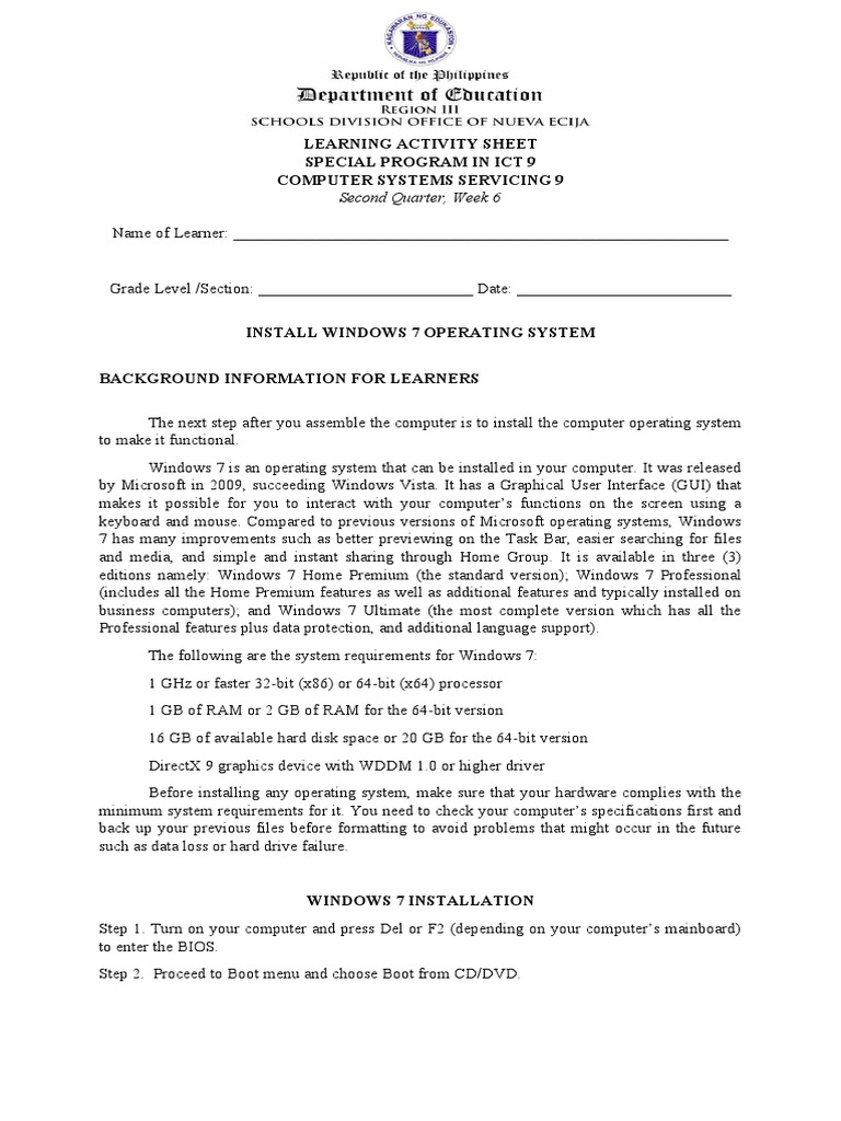 Learning Activity Sheet Special Program in Ict 9 Computer Systems Servicing 9 | PDF | Windows 7 ...