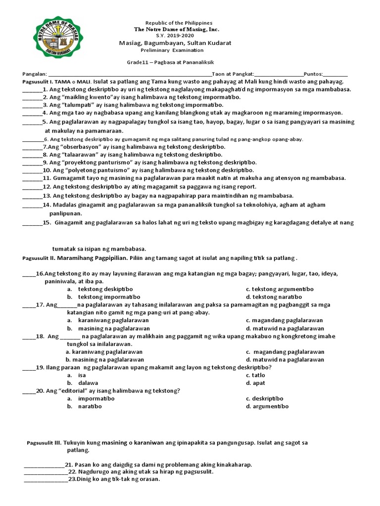 Grade 11 Pagbasa at Pananaliksik 7 Third Midterm 2019-2020 | PDF Grade 11 Pagbasa at Pananaliksik 7 Third Midterm 2019-2020 | PDF